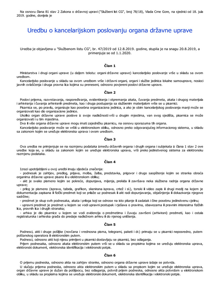 Uredba o Kancelarijskom Poslovanju Organa Državne Uprave-Nova | PDF