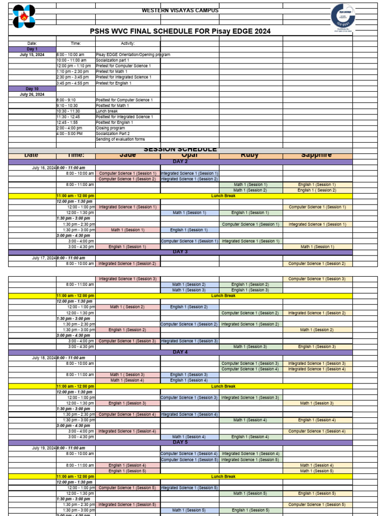 FINAL Schedule For Pisay EDGE 2024 | PDF | School Types | Science And ...