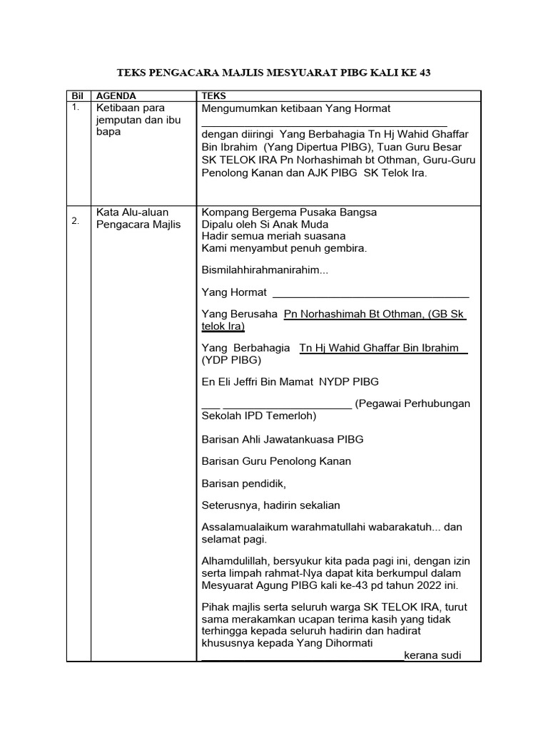 Teks Pengacara Majlis Mesyuarat Pibg Kali Ke 43 Edit | PDF