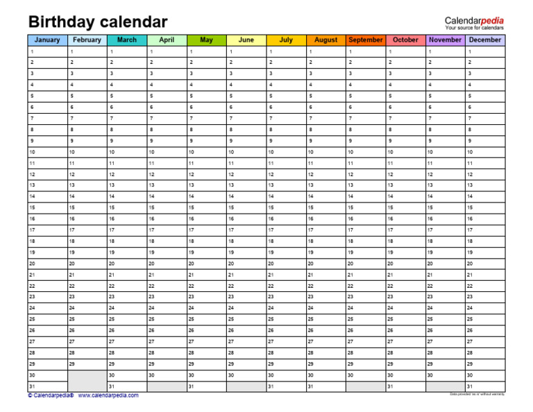 Birthday Calendar Landscape | PDF