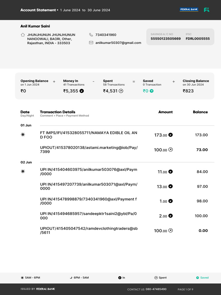 Federal Bank - Savings Account Statement | PDF | Payments | Money