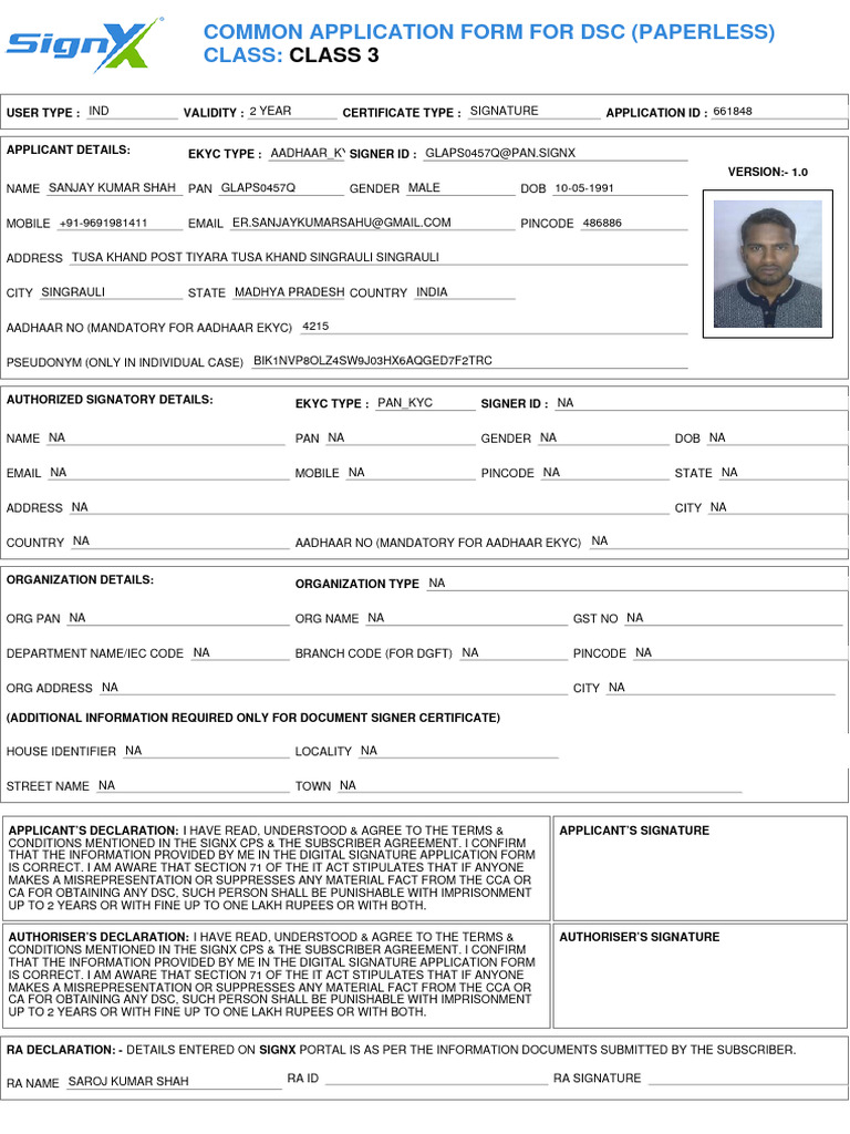 Common Application Form For DSC (Paperless) Class | PDF | Authentication | Access Control