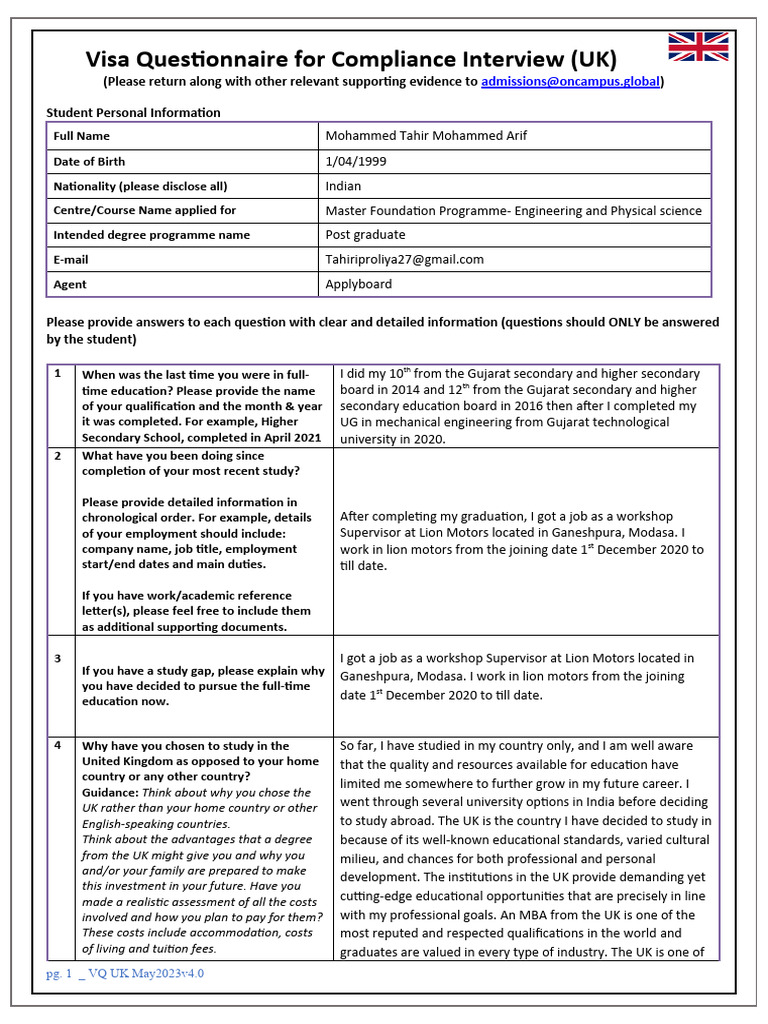 TAHIR...... New Visa Questionnaire (UK) Filled | PDF | Travel Visa ...