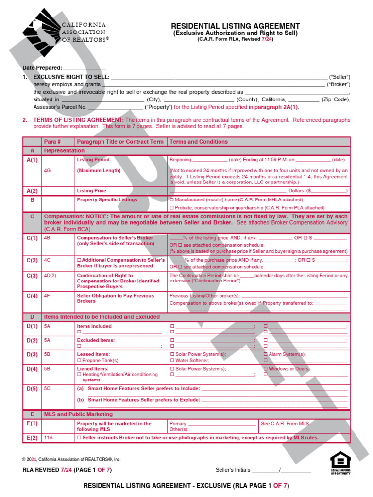 CAR Residential Listing Agreement Overview | PDF | Sales | Law Of Agency