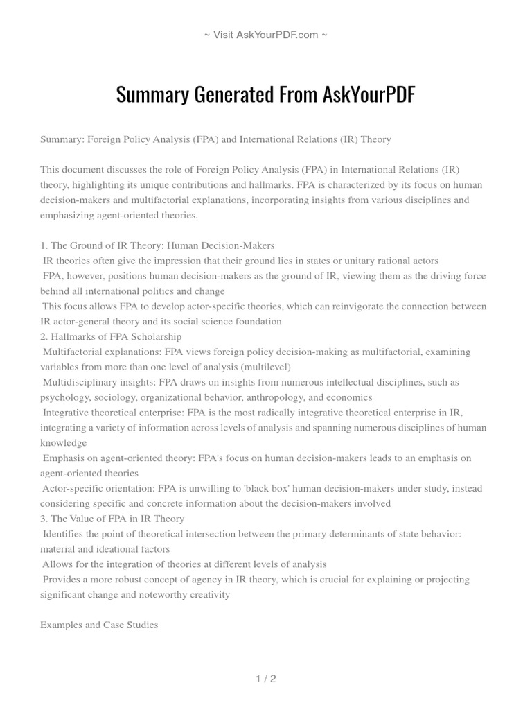 Hudson-2005-Foreign Policy Analysis - PDF Summary 2024-04!11!17!36!07 | PDF | Decision Making ...