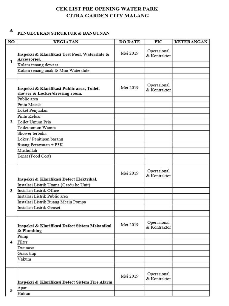 Checklist Pembukaan Water Park Malang | PDF
