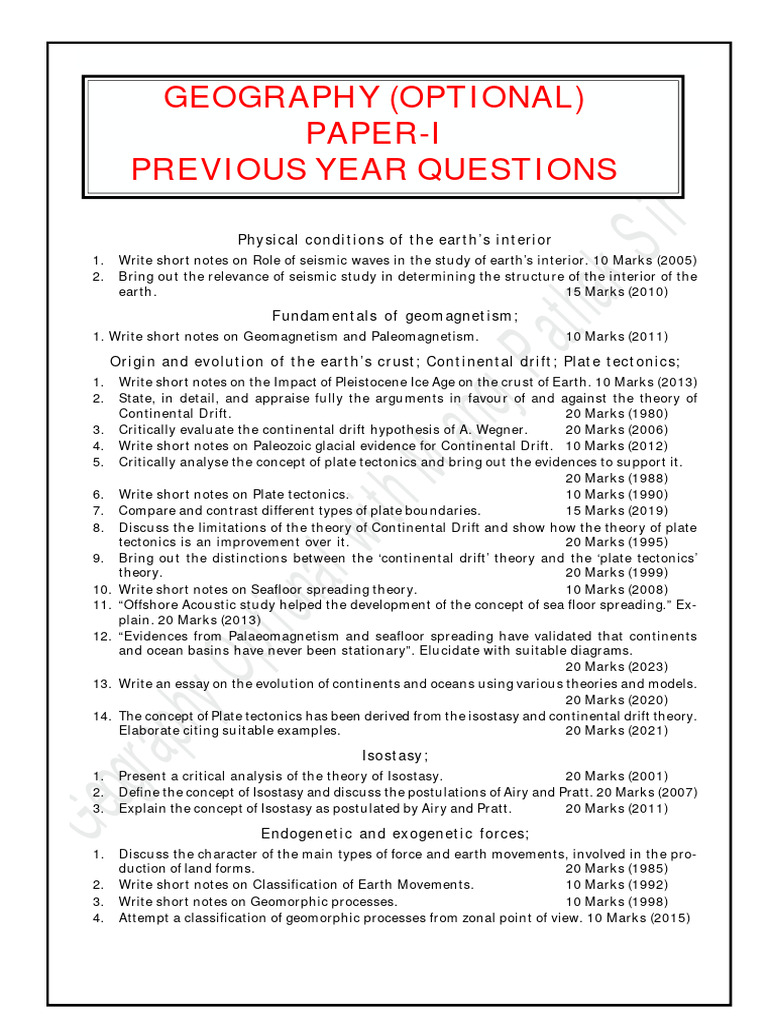 Geography (Opt) Paper-I PYQs | PDF | Plate Tectonics | Climate