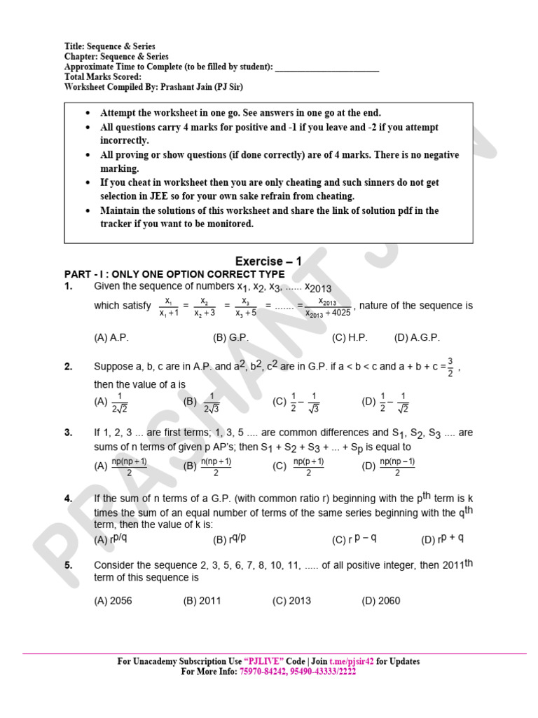 Sequence & Series Worksheet Solutions | PDF