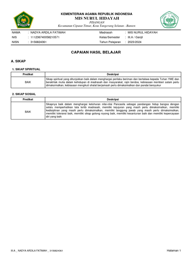 Rapor III.A - NADYA ARDILA FATIMAH - 3156824361 | PDF