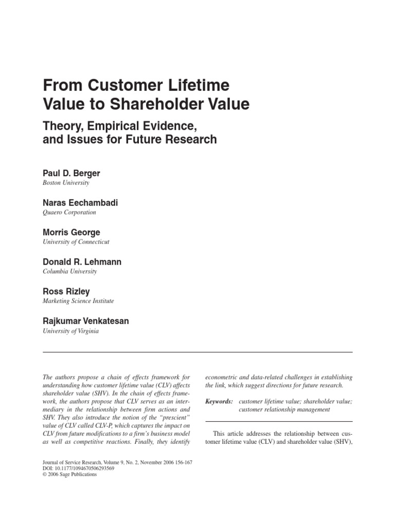 Berger Et Al 2006 From Customer Lifetime Value To Shareholder Value ...