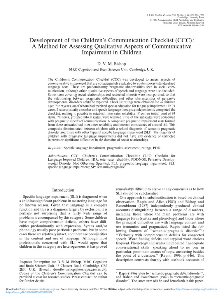 Development of The Children's Communication Checklist (CCC) : A Method ...