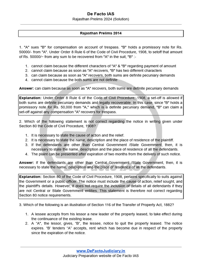 RJS 2024 Prelims Solution | PDF | Evidence (Law) | Guarantee