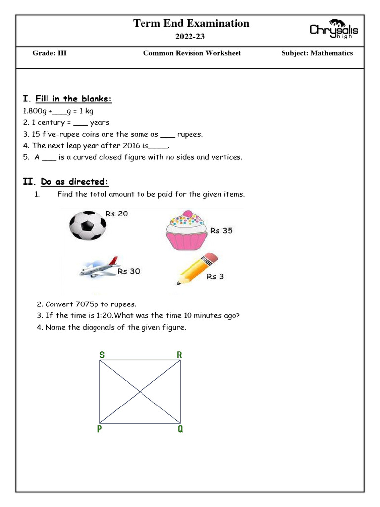Grade III - Math - Revision Worksheets 1 | PDF