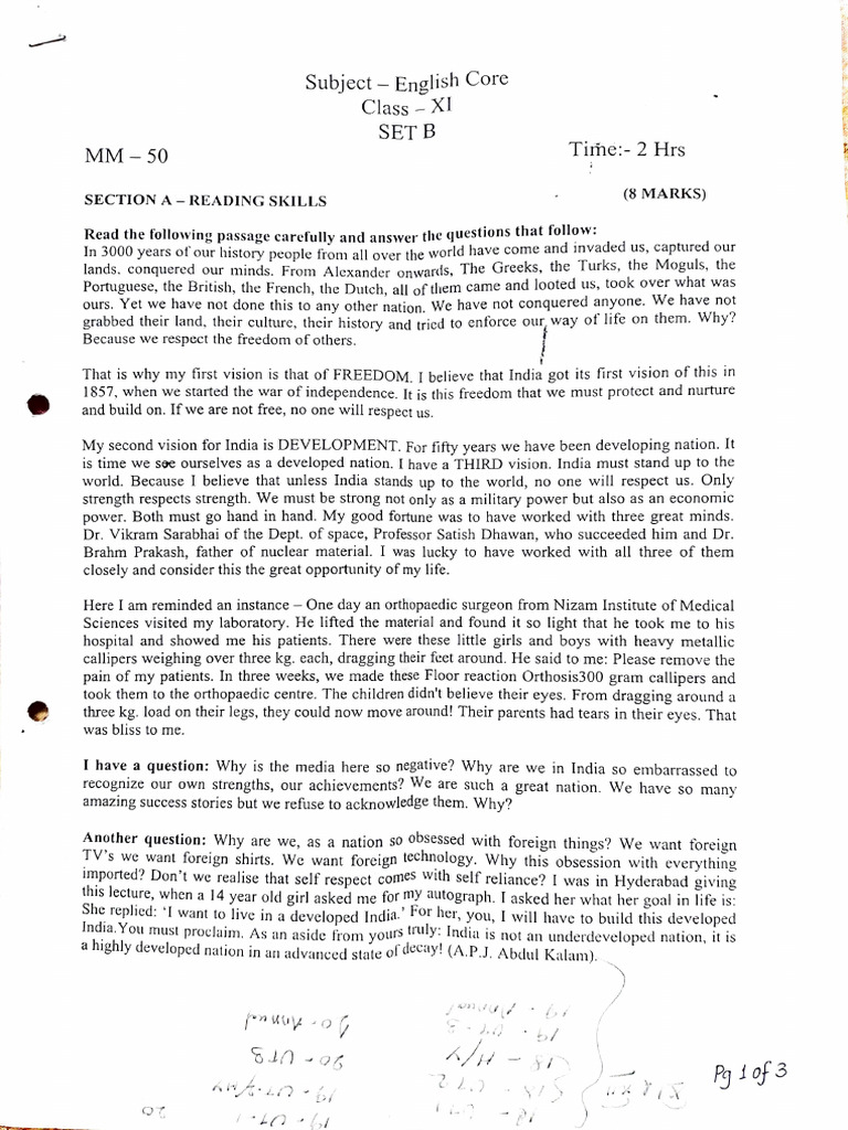 Class XI ENGLISH SET-B | PDF