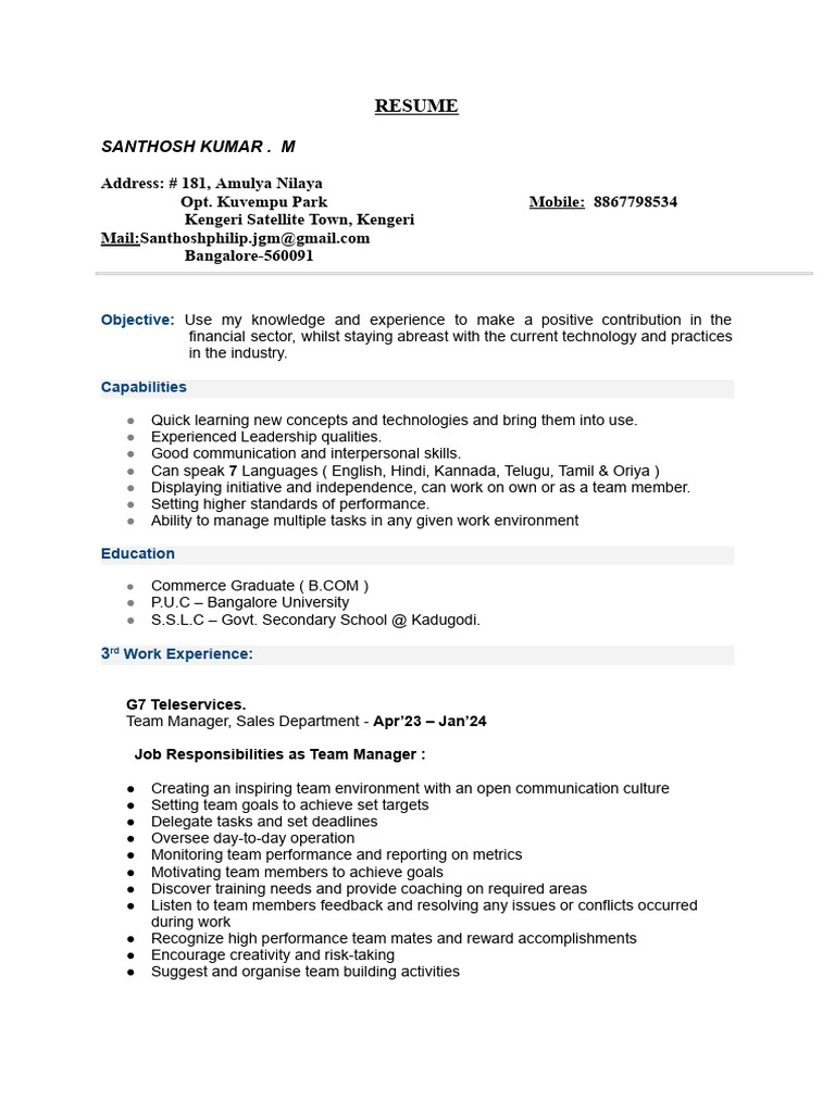 Updated Santhosh Resume | PDF | Sales | Business