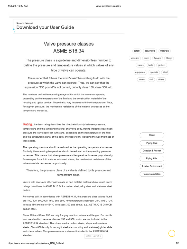 Valve Pressure Class Guide | PDF | Valve | Steel