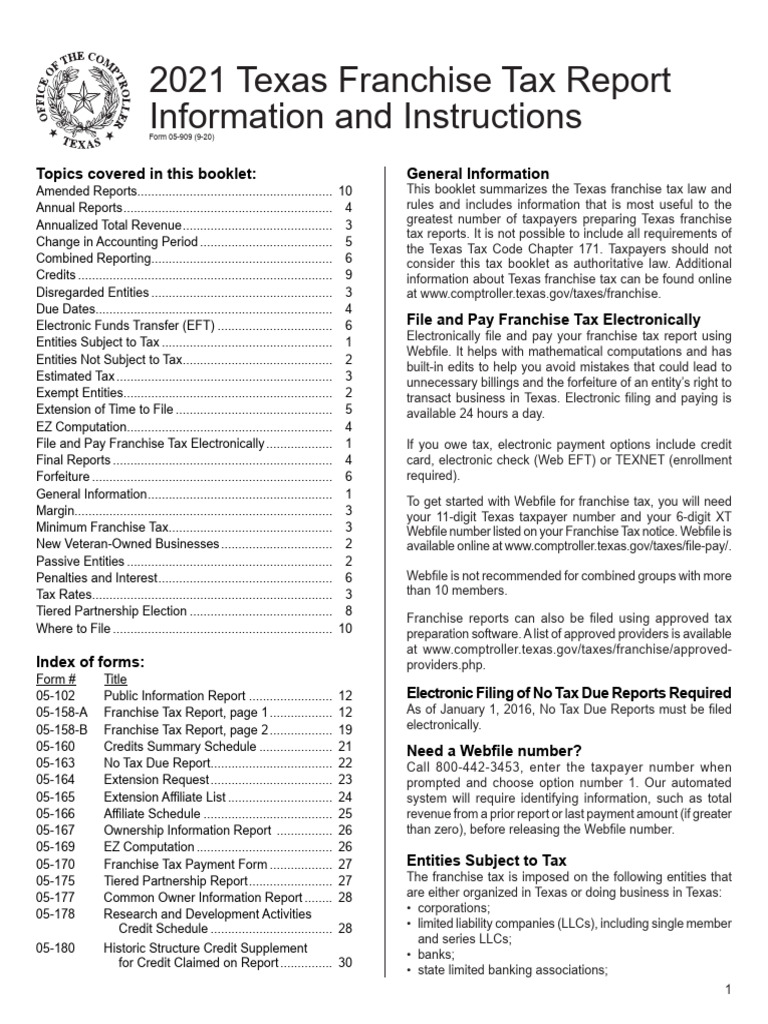 2021 Texas Franchise Tax Report Information and Instructions | PDF ...
