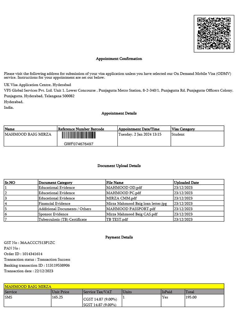 UK Visa Appointment Confirmation Hyderabad | PDF | Government Finances | Taxes