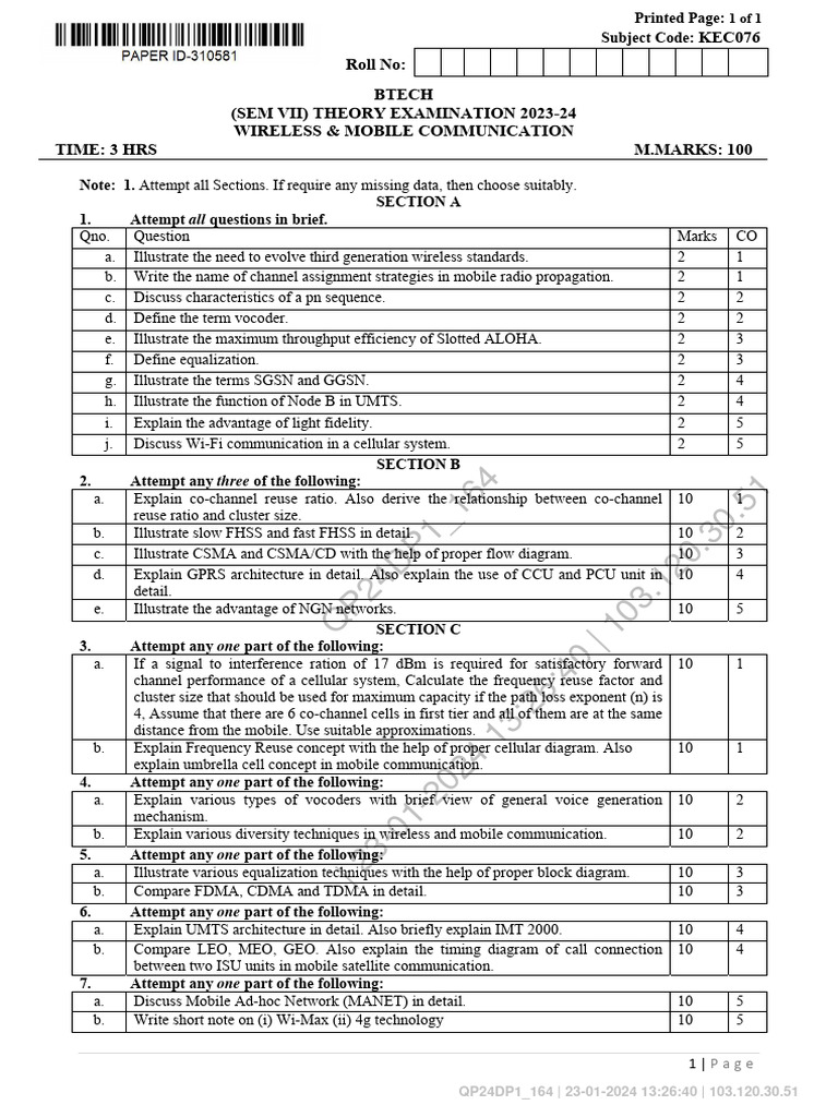 BTech Wireless & Mobile Communication Exam | PDF | Cellular Network ...