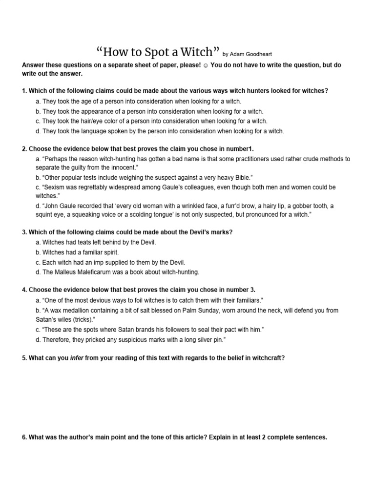 How to Spot a Witch Questions | PDF