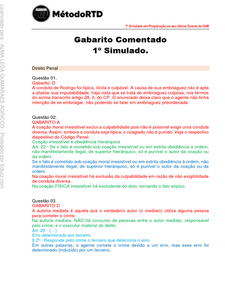 1o Simulado Gabarito Comentado | PDF | Advogado | Crimes