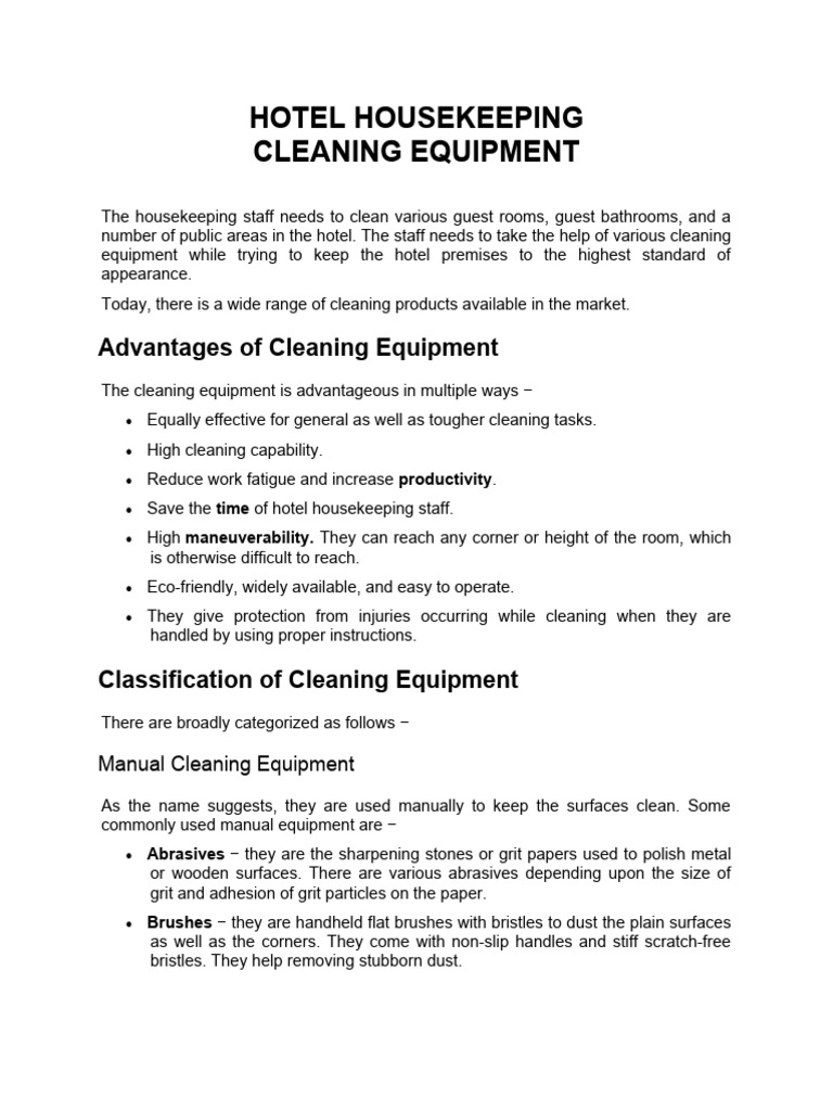 Hotel Housekeeping Cleaning Tools and Equipment | Download Free PDF ...