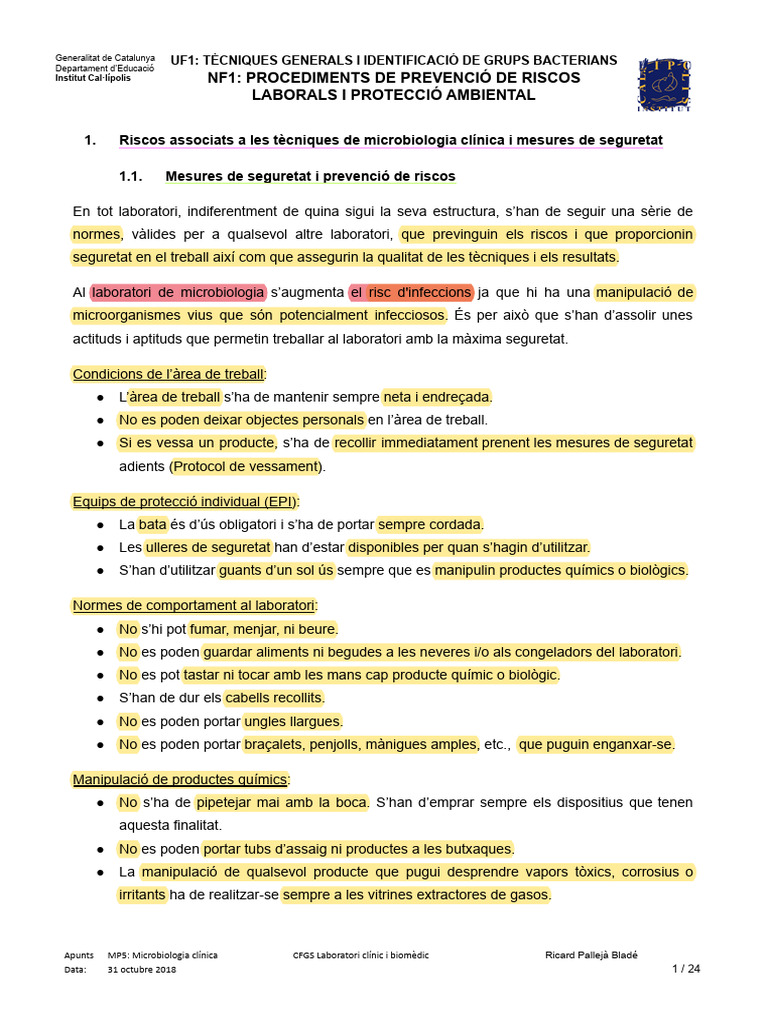 APUNTS NF1 - Procediments de Prevenció de Riscos Laborals I Protecció Ambiental | PDF