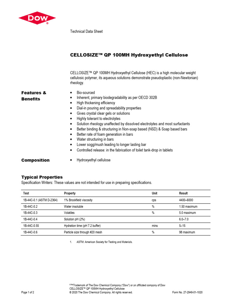 TDS Cellosize-Qp-100mh-Hydroxyethyl-Cellulose | PDF | Detergent | Rheology