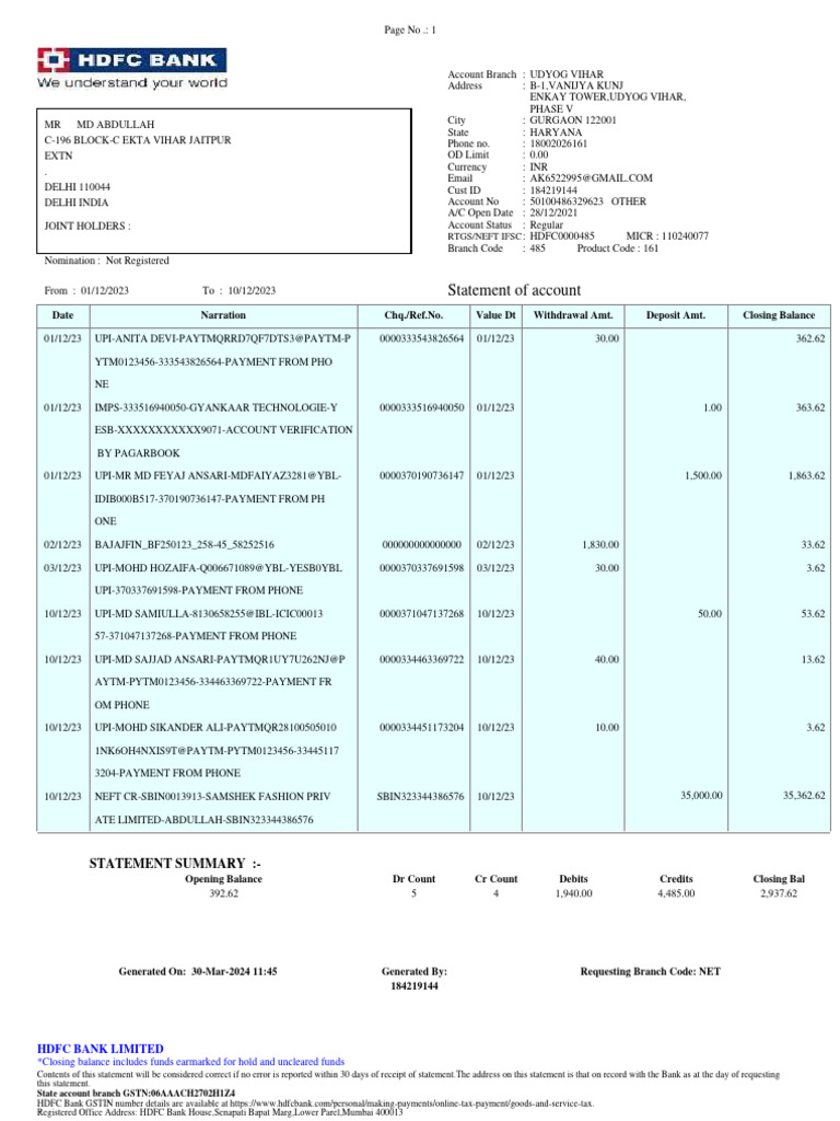 Statement of Account: Date Narration Chq./Ref - No. Value DT Withdrawal Amt. Deposit Amt ...