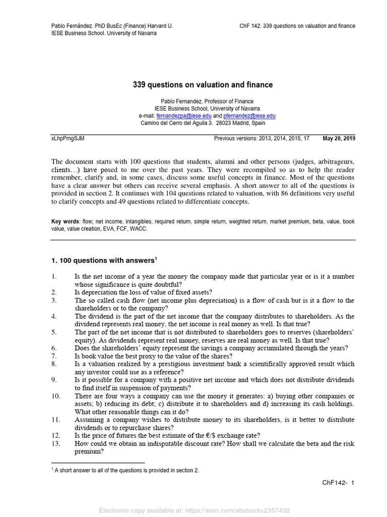 339 Questions On Valuation and Finance | PDF | Valuation (Finance) | Stocks