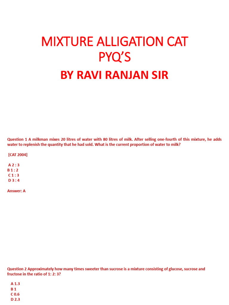 Mixture Alligation Cat Pyqs Pdf Ratio Concentration