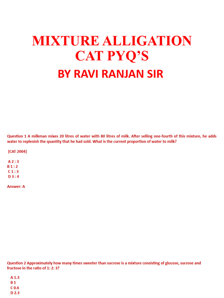 Mixture Alligation Cat Pyqs Pdf Ratio Concentration
