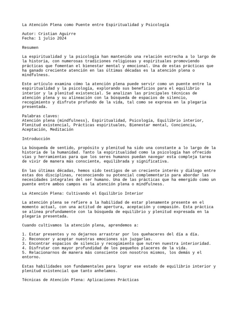 La Atención Plena Como Puente Entre Espiritualidad y Psicología | PDF | Meditación | Sicología