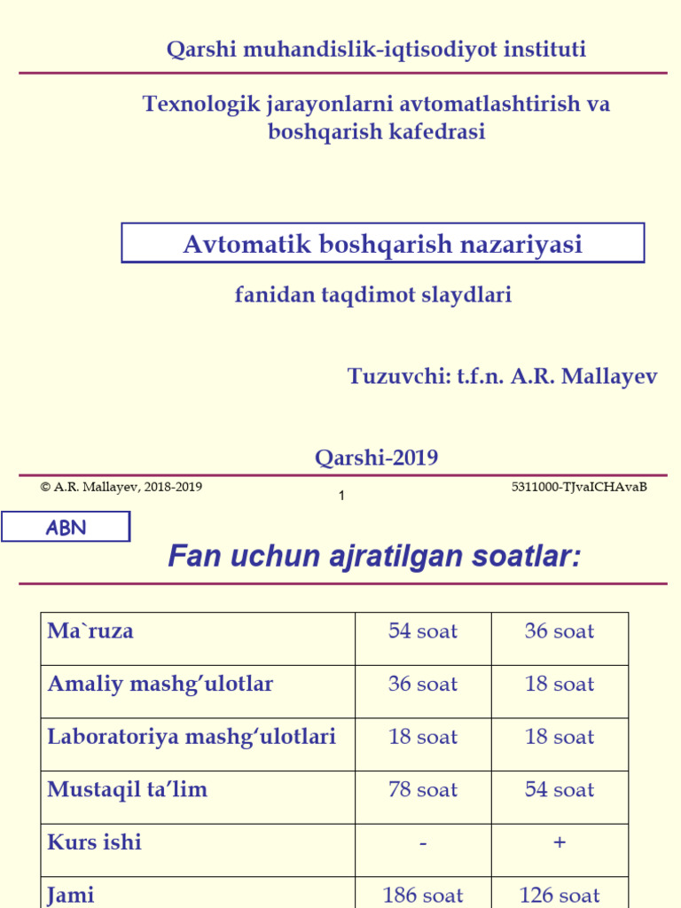 Avtomatik Boshqarish Nazariyasi | PDF