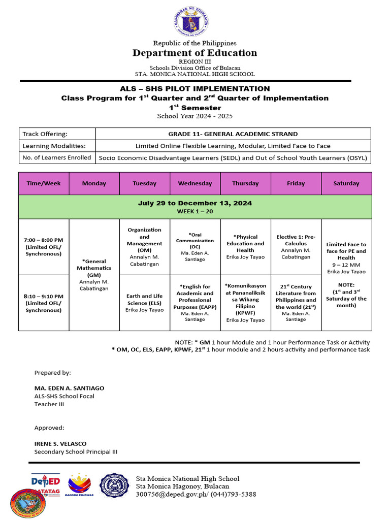 ALS SHS CLASS PROGRAM 1st Semester | PDF | Science