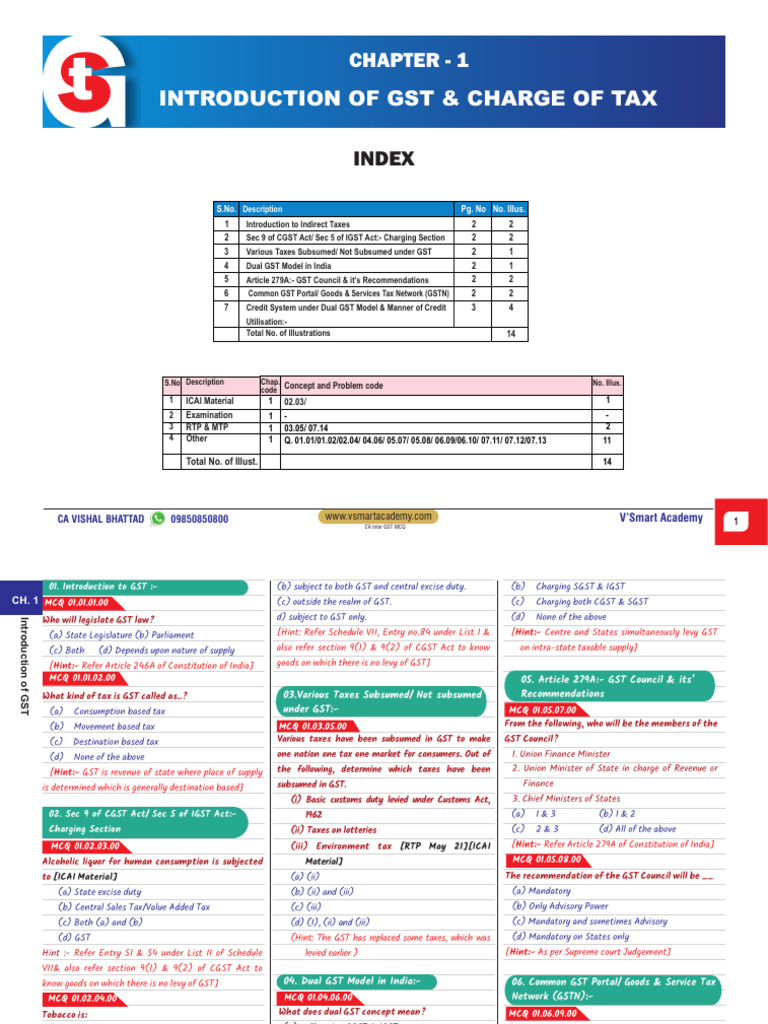 Chapter - 1 Introduction of GST & Charge of Tax: Index | PDF | Taxes ...