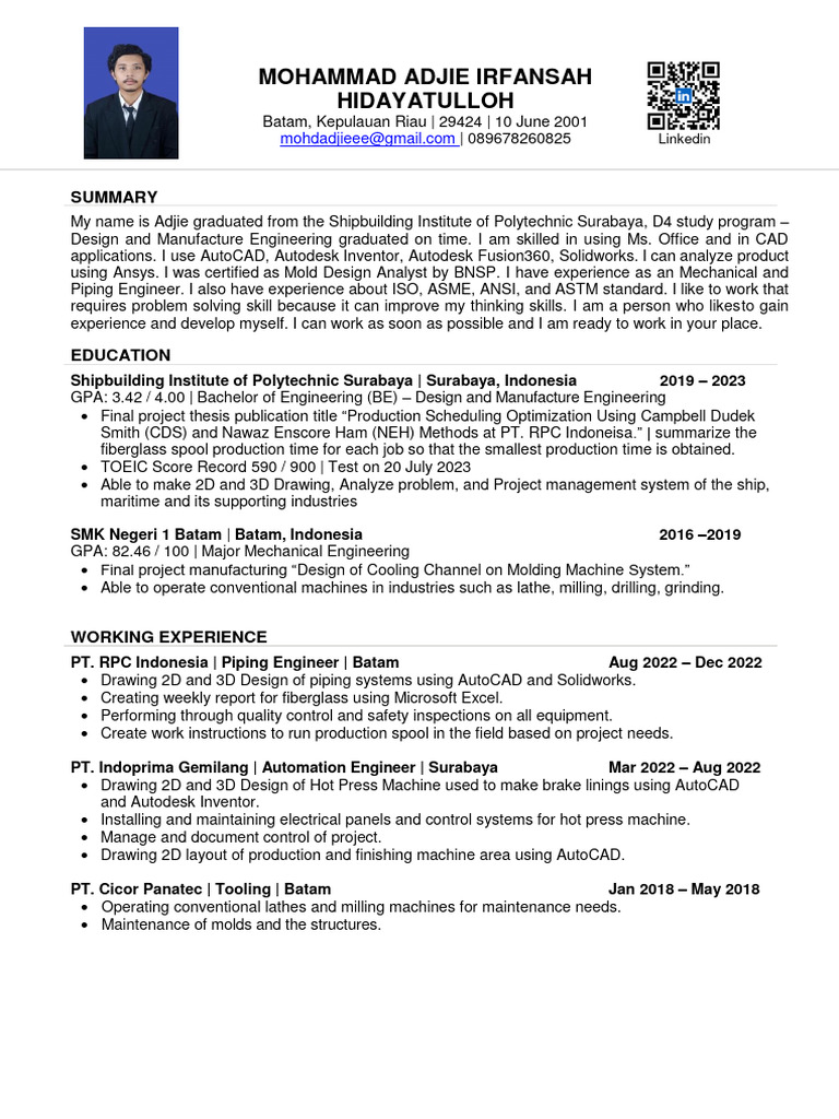 Resume_Mohd. Adjie Irfansah Hidayatulloh | PDF | Autodesk | Engineering