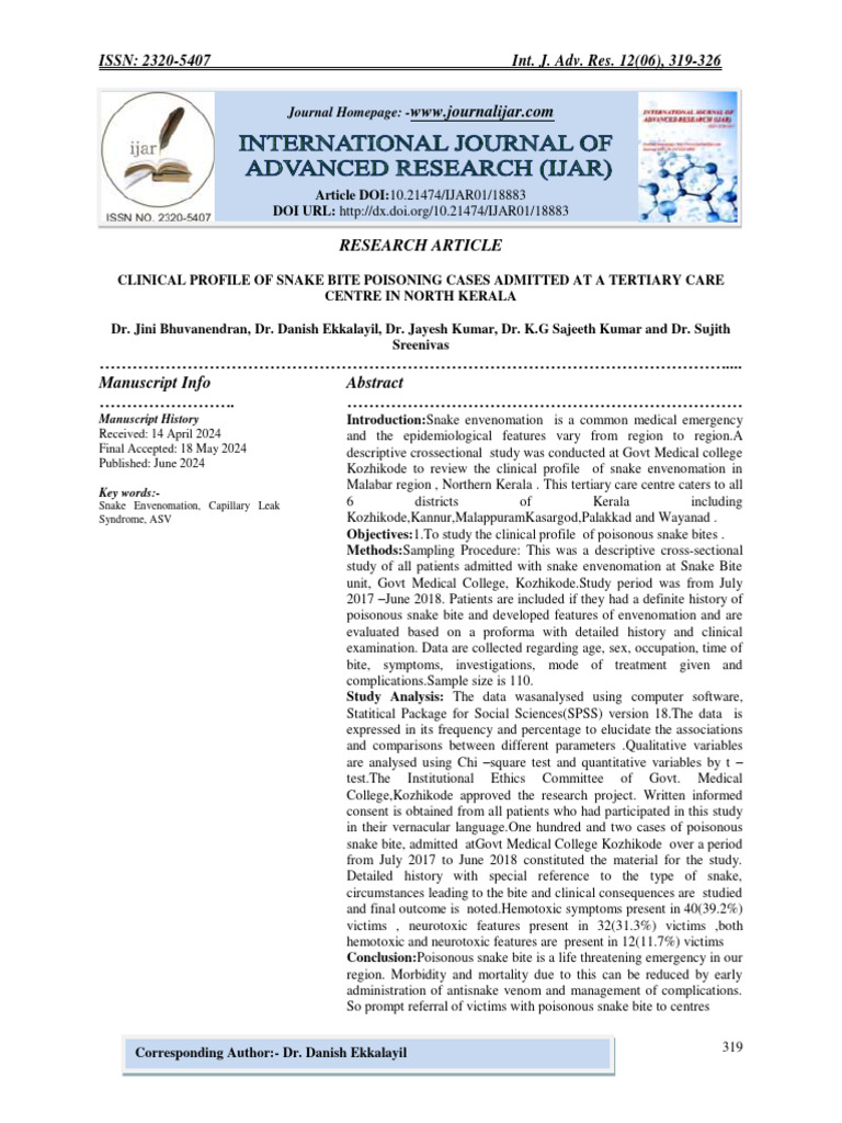 Clinical Profile of Snake Bite Poisoning Cases Admitted at A Tertiary ...