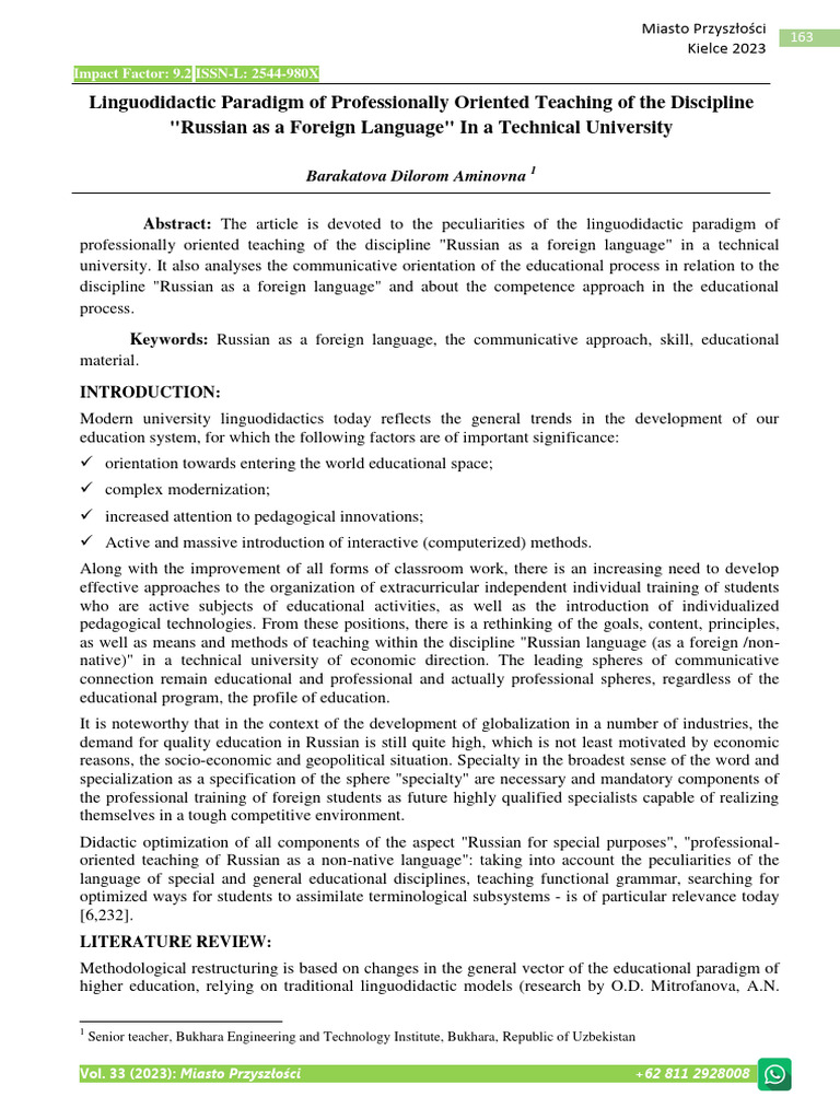 Linguodidactic Paradigm Of Professionally Oriented Teaching Of The Discipline Russian As A