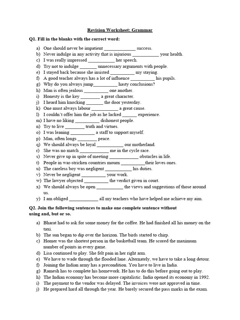 Revision Grammar Worksheet | PDF
