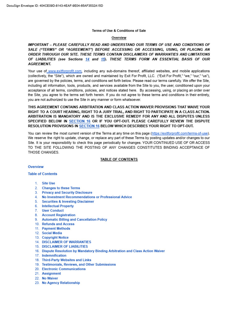 Exit For Profit-Terms of Service | PDF | Credit Card | Arbitration