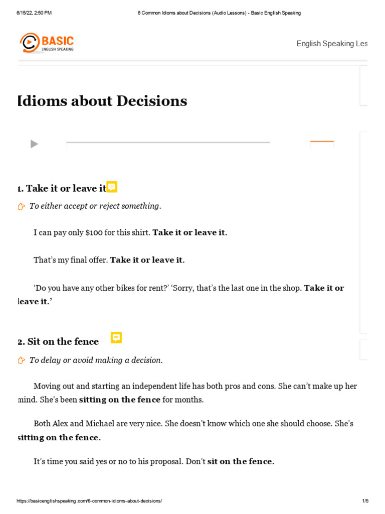 6 Common Idioms about Decisions (Audio Lessons) - Basic English Speaking | PDF