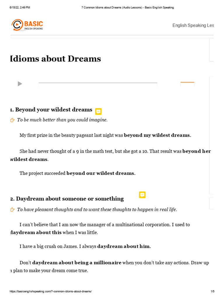 7 Common Idioms About Dreams (Audio Lessons) - Basic English Speaking ...