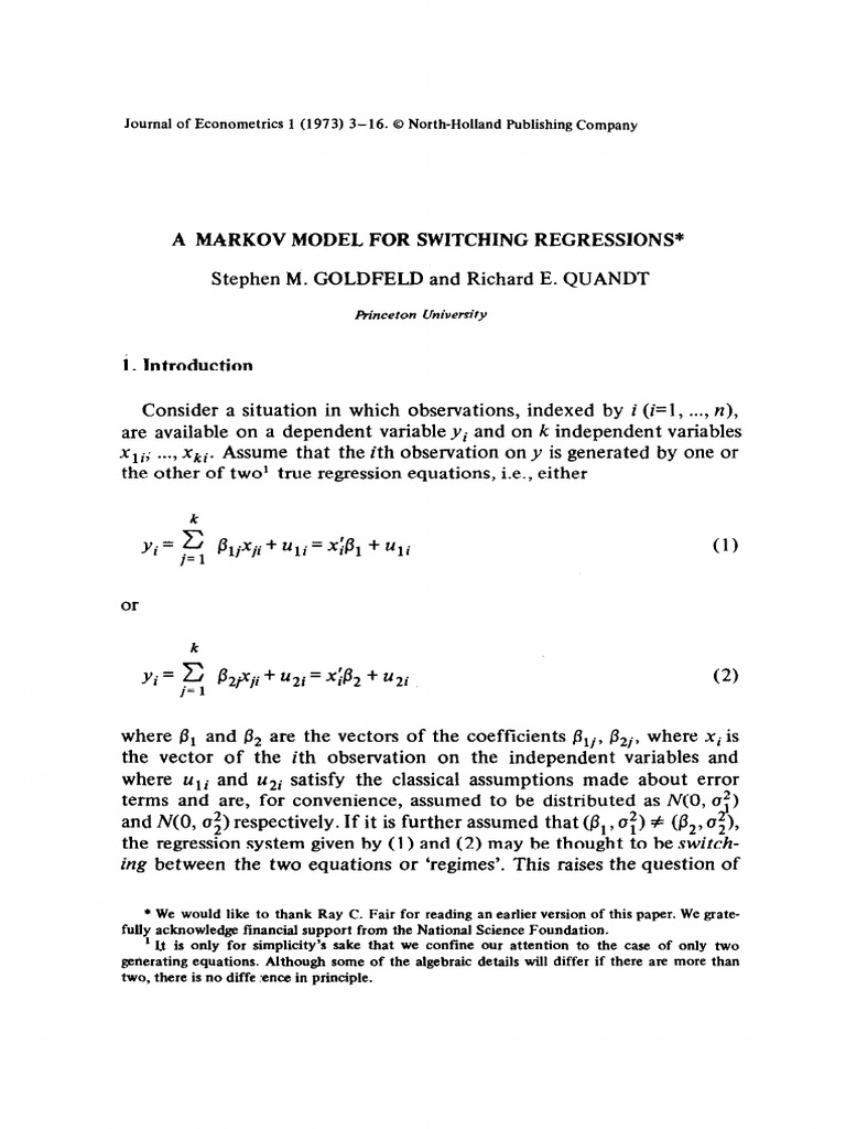 A Markov Model For Switching Regressions | PDF | Regression Analysis | Linear Regression