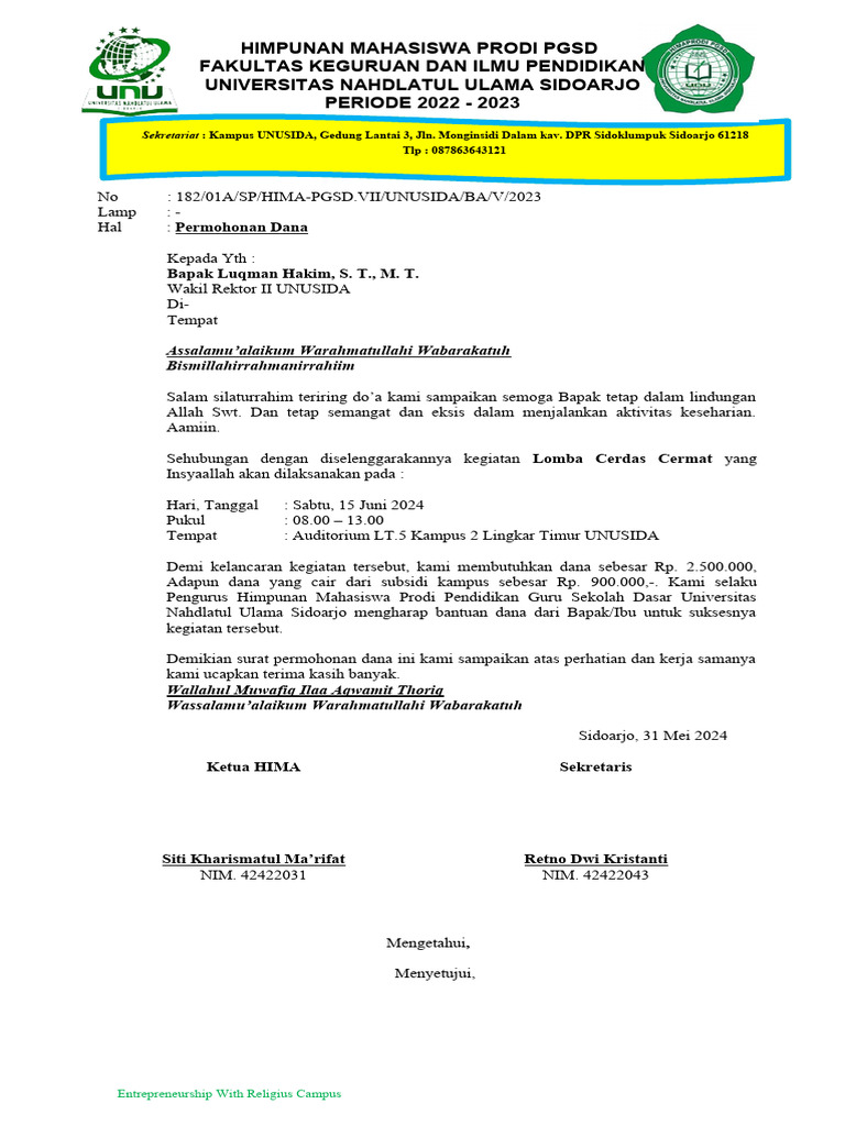 Format Surat Pengajuan Dana Lomba CC | PDF