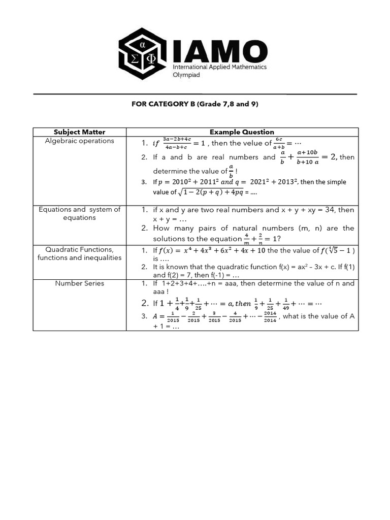 IAMO Past Papers for Grades 7-12 | PDF | Equations | Quadratic Equation