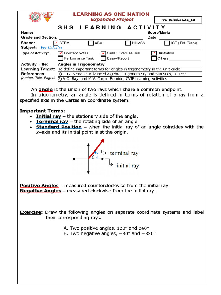 Pre-Calculus LAS 12 Angles in Trigonometry | PDF