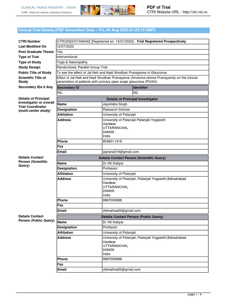 Ctri Registration Jayvindra Singh | PDF | Asana | Glaucoma