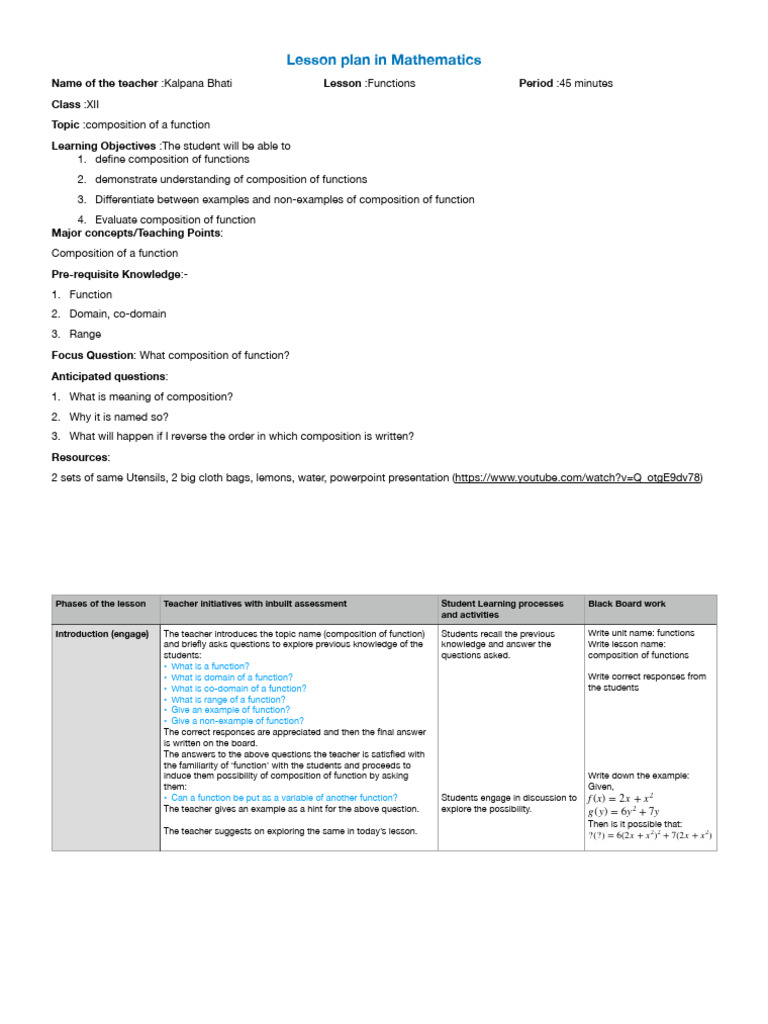 Lesson plan-composition of function | PDF | Teachers | Learning