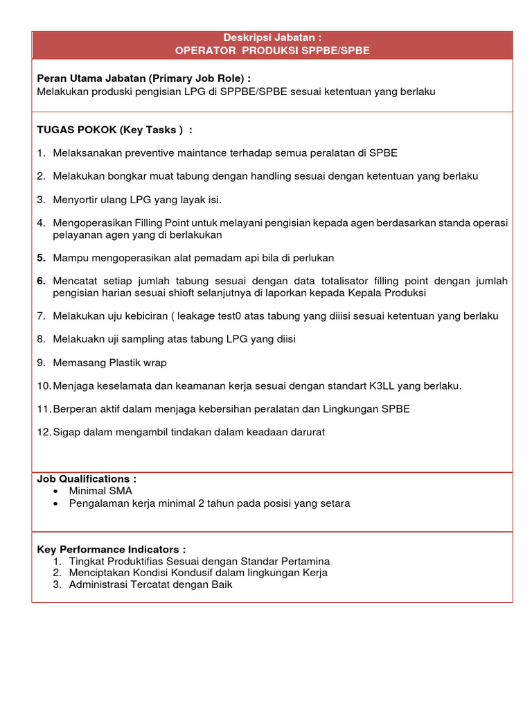 Deskripsi Jabatan Operator Produksi SPPBE | PDF